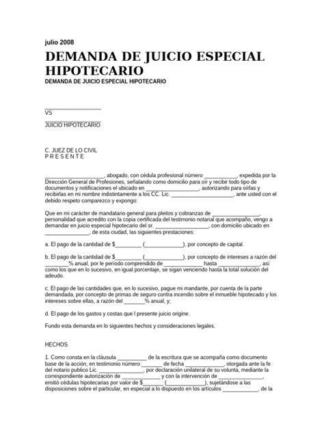 Demanda Juicio Especial Hipotecario Pdf Ley Común