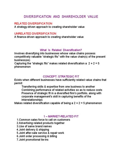 Diversification And Shareholder Value Pdf Diversification Finance
