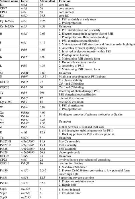 Features Of Protein Subunits Of Psii 1 6 11 12 Download Table