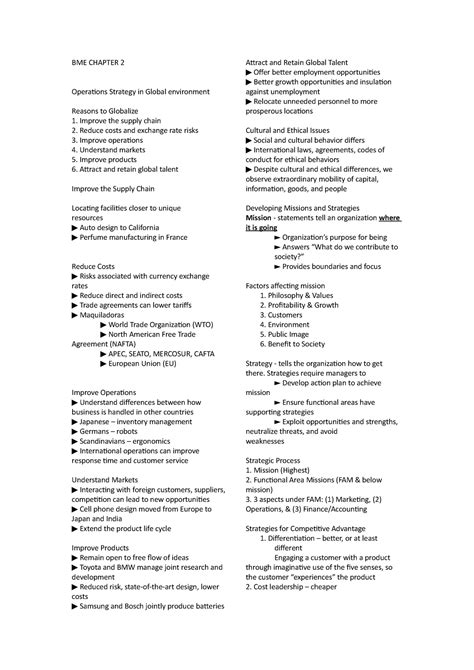 Bme Chapter 2 Notes Bme Chapter 2 Operations Strategy In Global