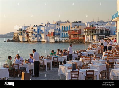 Restaurant Little Venice Mykonos Town Mykonos Island Cyclades Aegean Islands Greece Stock