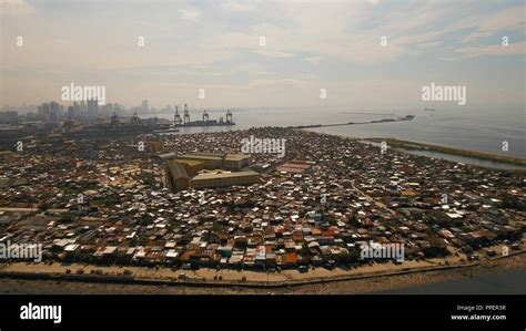 Aerial View Poor District Of Manila Slums Ghettos Wooden Old Houses