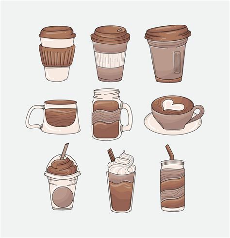 Different Types Of Coffee To Go Iced Coffee Hot Coffee Mugs Vector