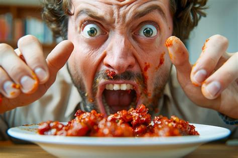 Premium Photo Excited Man With Wild Expression Eating Spicy Food Intense Flavor Reaction Messy