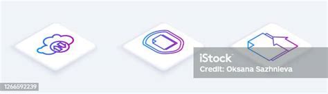 Isometric 라인 클라우드 다운로드 및 업로드 문서 보호 개념 및 업로드 파일 문서를 설정합니다 흰색 정사각형 버튼 벡터 3차원 형태에 대한 스톡 벡터 아트 및 기타