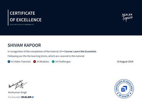 Shivam Kapoor On Linkedin Cplusplus Certificateofexcellence Scaler Gratitude Programming