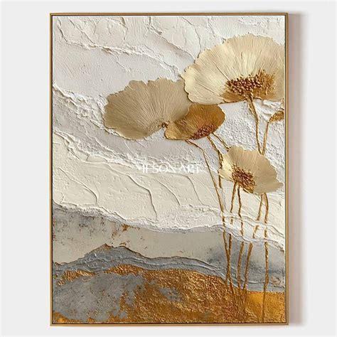 Golden Flower Art Decoration Gold And White Flowers Plaster Art Canvas