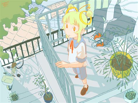 Safebooru 1girl 1other Balcony Bicycle Building Day Flower Pot From