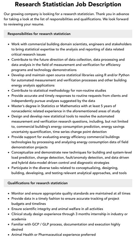 Research Statistician Job Description Velvet Jobs