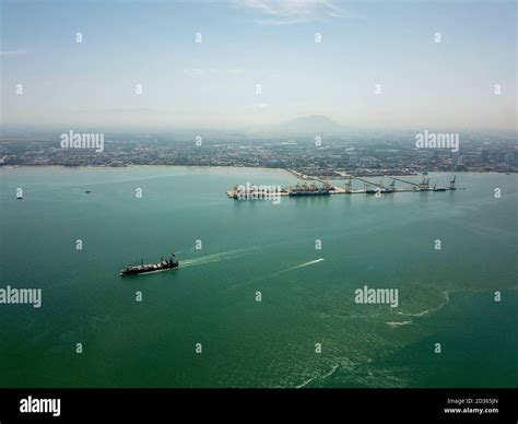 Georgetown Penangmalaysia Feb 28 2020 Aerial Container Ship Leave Georgetown Penangmalaysia Feb 28 2020 Aerial Container Ship Leave