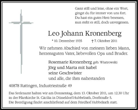 Alle Traueranzeigen Für Kronenberg Leo Johann Trauerrp Onlinede