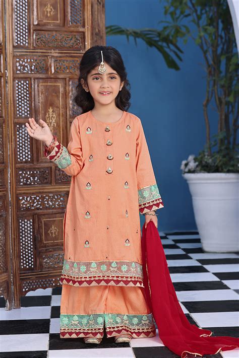 Peach Emb 3 Pc Girls Kumash Textile