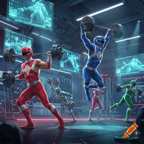 Power Rangers In A Futuristic Gym Lifting Weights The Red Ranger And
