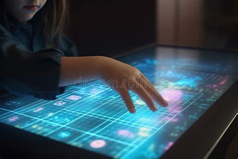 Small Girl Hand Is Using Touch Screen Computer Tablet For Futuristic