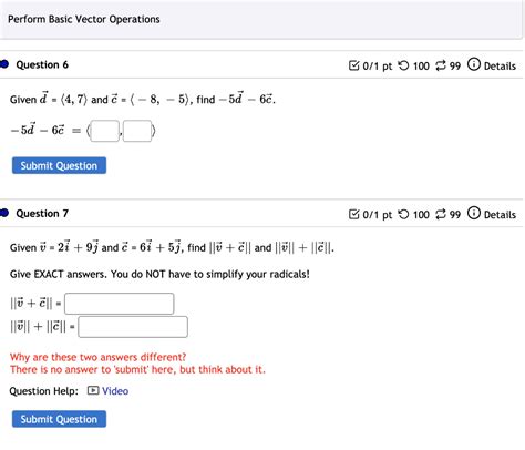 Solved Perform Basic Vector Operations O Question Pt Chegg