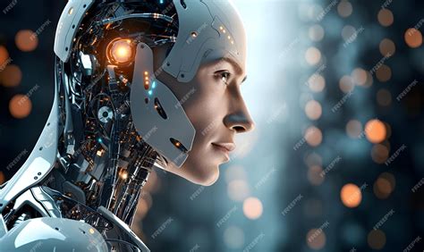 3d Rendering Humanoid Robot In Artificial Intelligence Concept With Binary Code Background