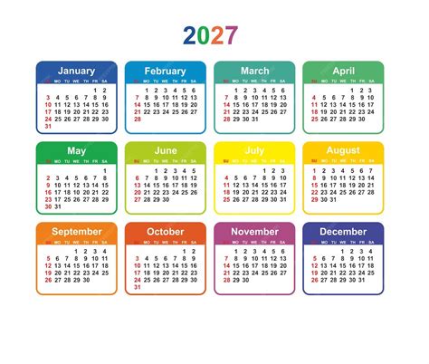 Calendar Grid 2027 Colorful Vector Simple Layout Of Pocket Or Wall
