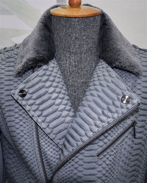 Grey Python Leather Biker Jacket With Fur Collar Leather Guys