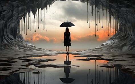 Premium Ai Image Woman With Black Umbrella In A Surreal Infinity