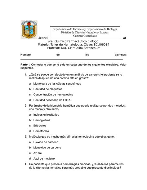 Actividad 4 Ejercicios Citometría Hemática Licenci At Ura Químico