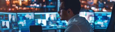 Premium Photo Man Monitoring Multiple Screens In A Dark Office