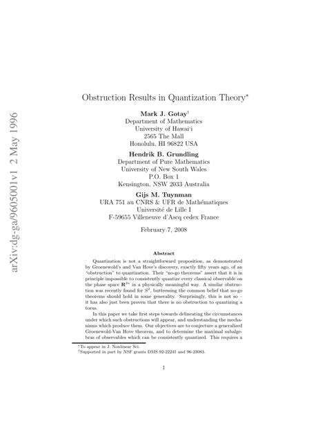 Pdf Obstruction Results In Quantization Theory