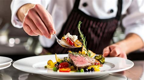 A Chef Plating A Dish Of Grilled Meat And Vegetables Premium Ai
