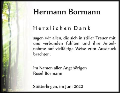Traueranzeigen Von Hermann Bormann Abschied Nehmende