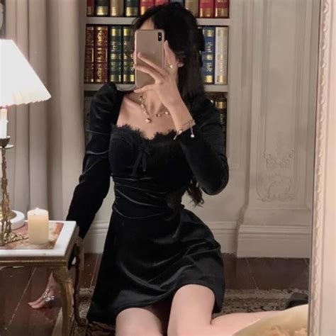 Women Short Velvet Dress Long Sleeve Lace Splice Tunic Low Cut Clubwear