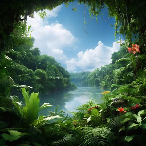 Unusual Jungle On The Riverbank Clouds Bizarre Flowers And Plants