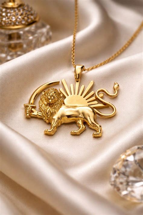 18k Gold Lion And Sun Pendant Necklace Persian Heritage Statement