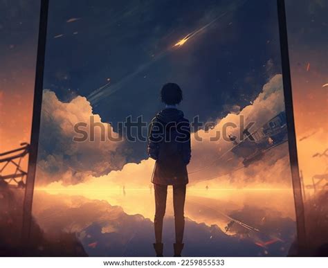 Anime Boy Standing Alone Watching Clouds Stock Illustration 2259855533
