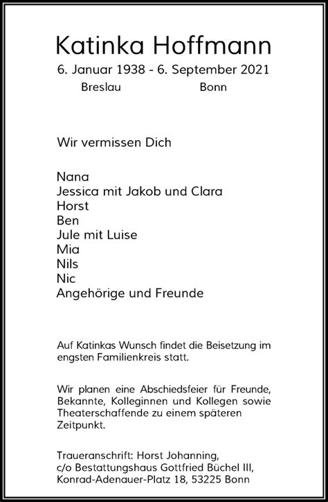 Traueranzeigen Von Katinka Hoffmann Gatrauerde