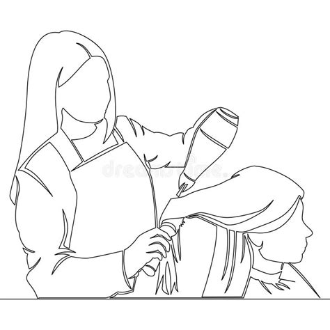 Continuous Line Drawing Professional Woman Hairdresser Makes A Womans