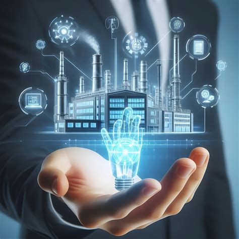 3d Flat Icon As Hand With Holographic Smart Factory And Automation Concept As A Photo Showing A