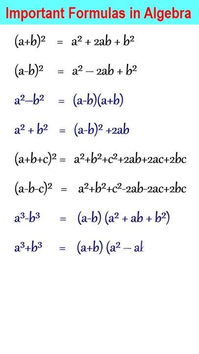 Algebra Formulas Basic Algebraic Formulas Youtube