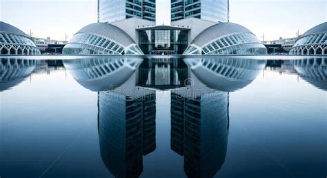 Modern Architecture Reflected In A Serene Pool Of Water Stock