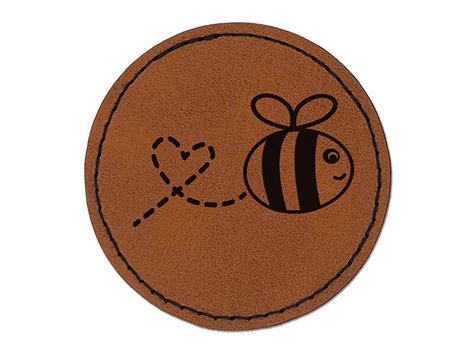 Buzzy Bumble Bee With Heart Round Iron On Engraved Faux Leather Patch
