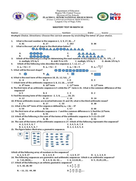 Mastery Test In Math 10 Q1 Pdf Polynomial Sequence