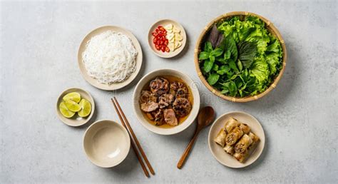 Deconstructed Vietnamese Bun Cha Grilled Pork With Rice Noodles Stock