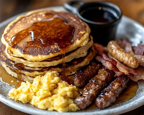 Delicious Lumberjack Breakfast Pancakes Sausage Bacon Eggs Premium Ai