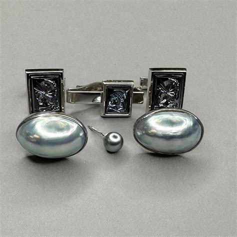 Lot 044 Two Pair Of Cuff Links Tie Clasp And Tie Tack Faux Pearl And