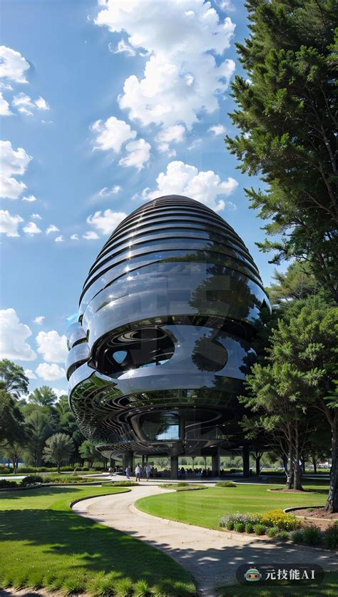 Ai提示词：该建筑由governmentvapor，zaha Hadid设计，用草球建造，是一种未来主义和不对称的结构，挑战了传统的建筑规范。它独特的设计特点是流动、有机的形状，似乎在不断运动