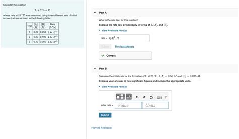 Answered Consider The Reaction A 2b C Part A Whose Rate At 25 °c