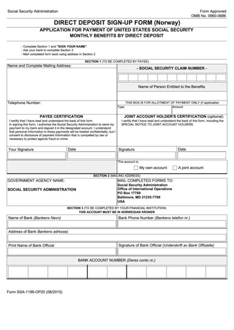 Direct Deposit Sign Up Form Norway Social Security Printable Pdf Download