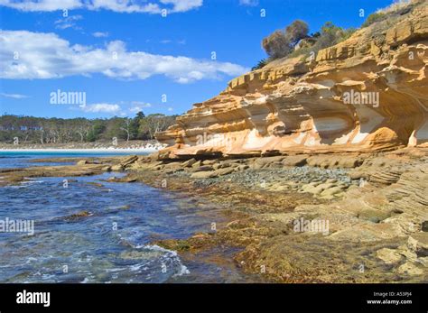 Painted Cliffs In Maria Island Nationalpark Tasmania Australia Stock