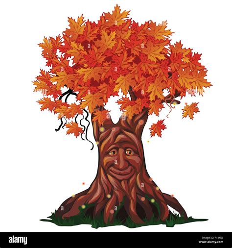 Fantasy Laubbaum Mit Gesicht Im Herbst Auf Weißem Hintergrund Goldener Herbst Im Verzauberten