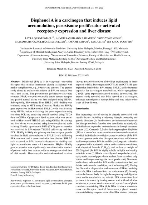 Pdf Bisphenol A Is A Carcinogen That Induces Lipid Accumulation