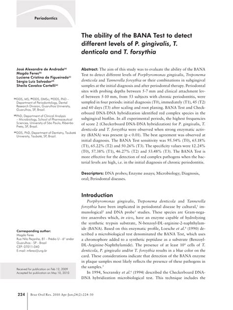 Pdf The Ability Of The Bana Test To Detect Different Levels Of P Gingivalis T Denticola And