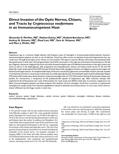 Pdf Direct Invasion Of The Optic Nerves Chiasm And Tracts By Cryptococcus Neoformans In An